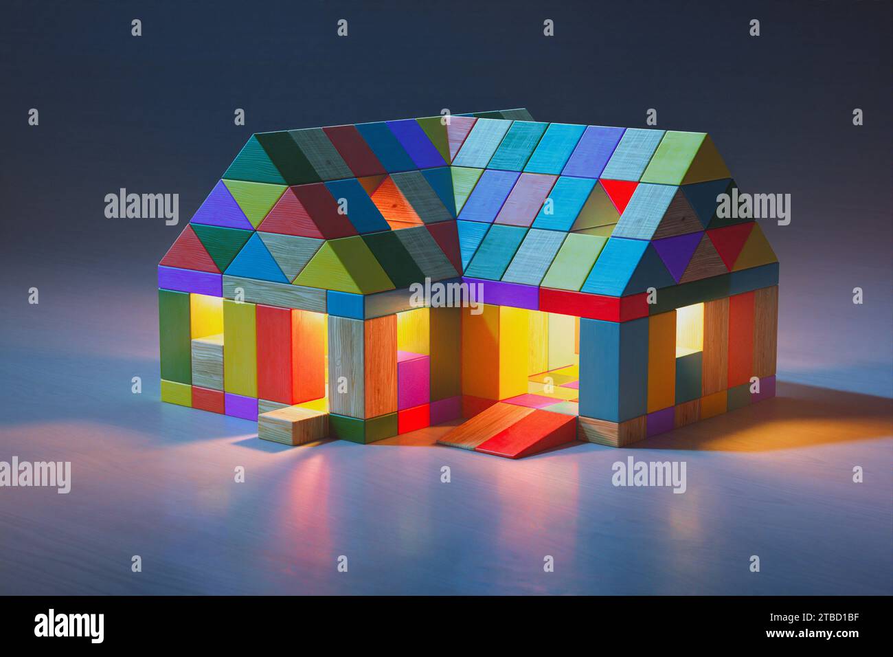 Vibrant Wooden Block House Formation on Smooth Gradient Background ...