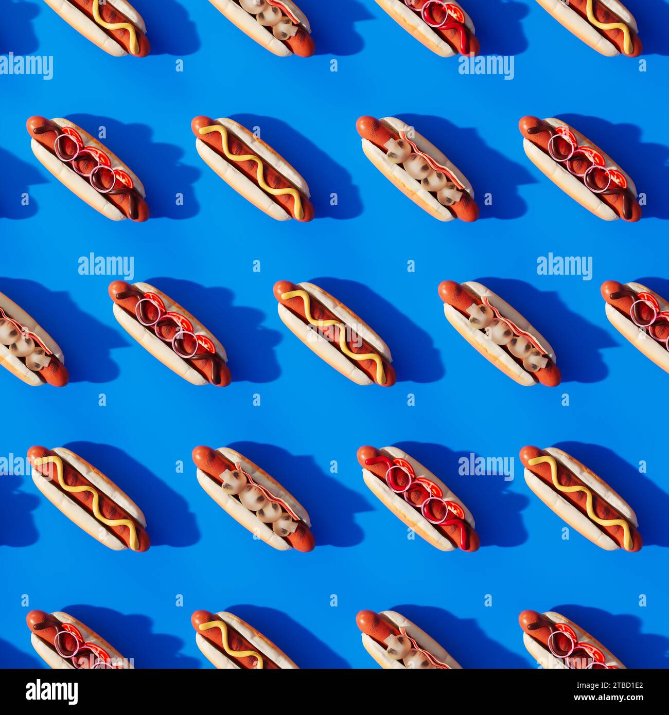 Seamless Pattern of Colorful Hot Dogs with Condiments on Vivid Blue ...