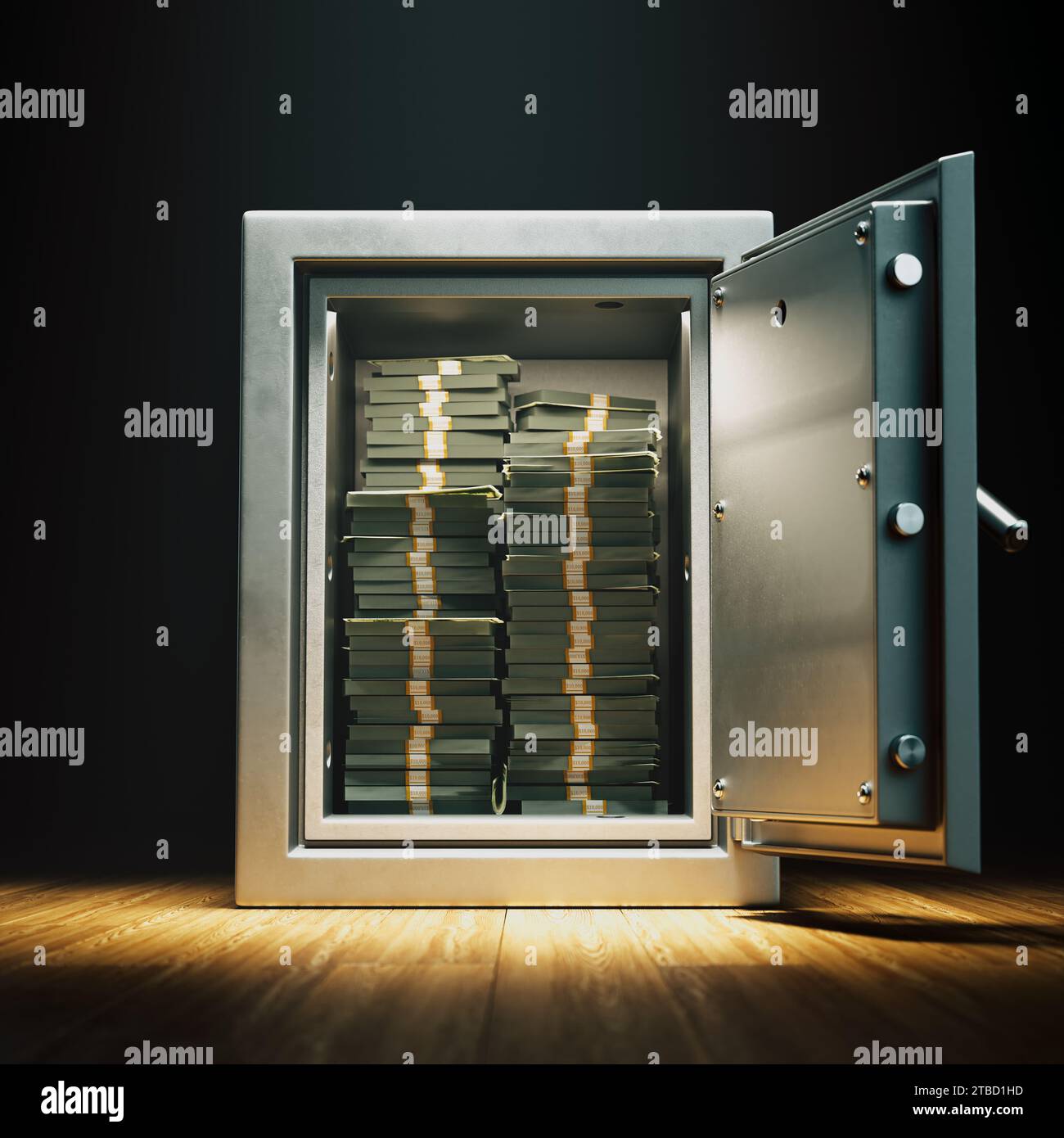 Secure Vault Safe with Large Stacks of Banknotes on Wooden Floor Stock ...