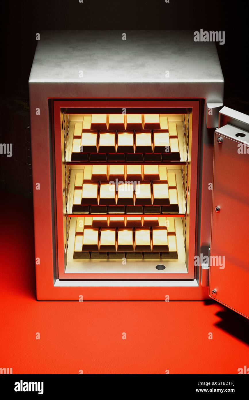 Gleaming Gold Bars in Open Security Safe Against Crimson Backdrop Stock ...