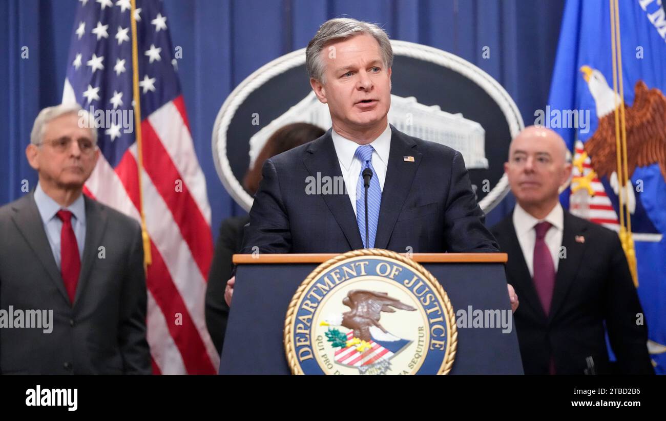 FBI Director Christopher Wray, speaks with reporters during a news ...