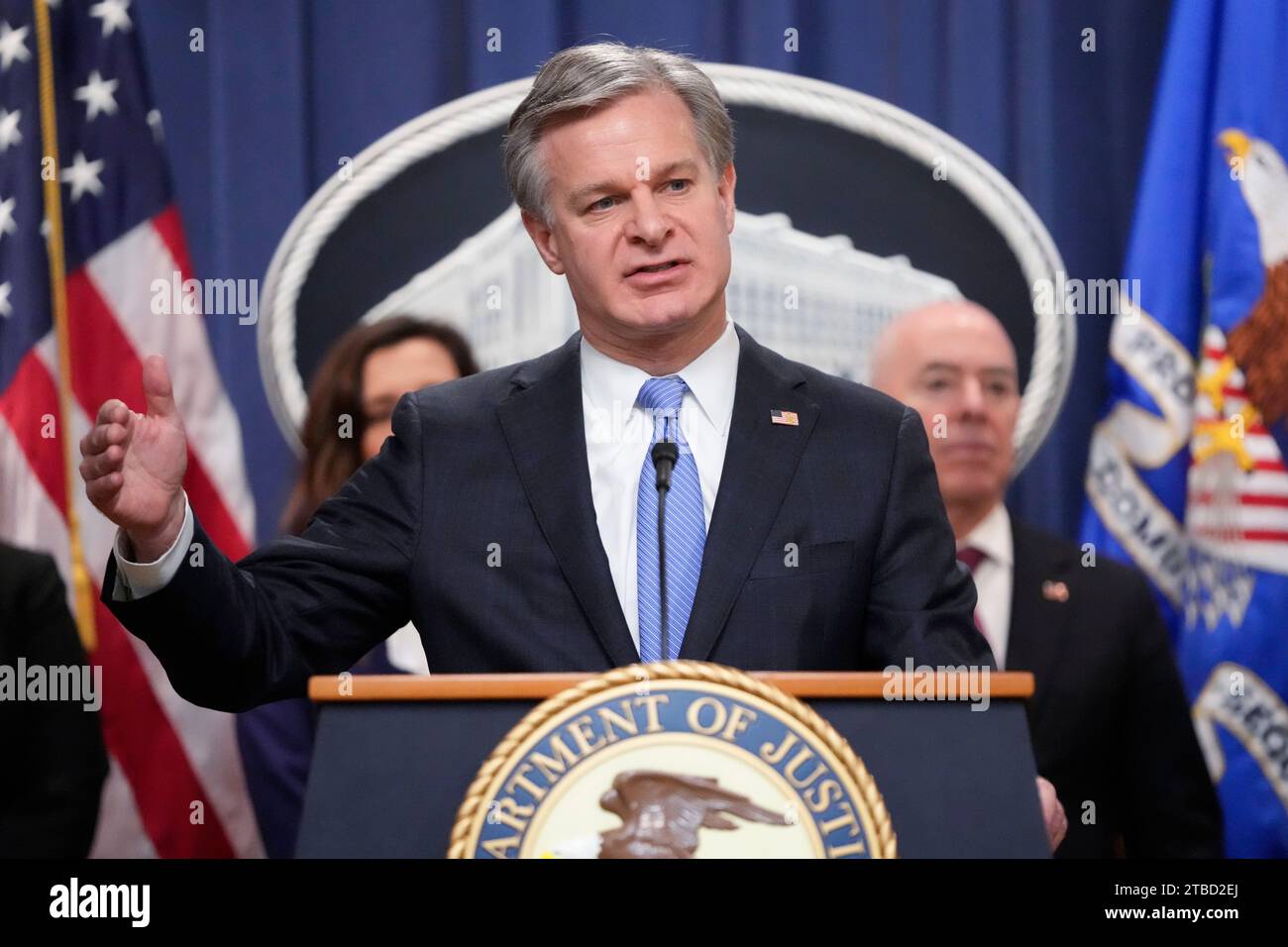 FBI Director Christopher Wray, speaks with reporters during a news ...