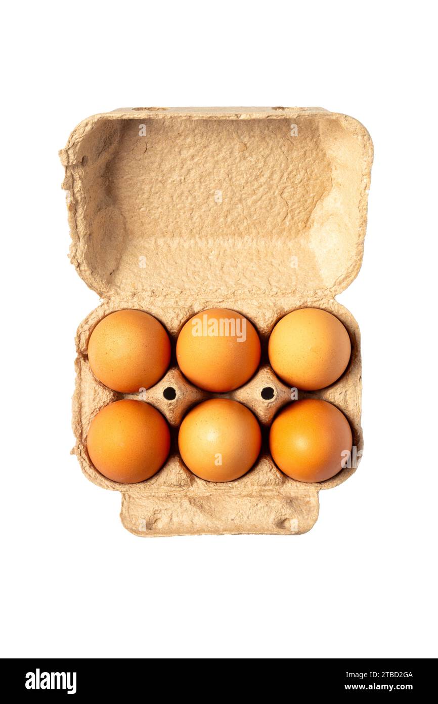 Six eggs in packaging paper mould box isolated on white background. Top ...