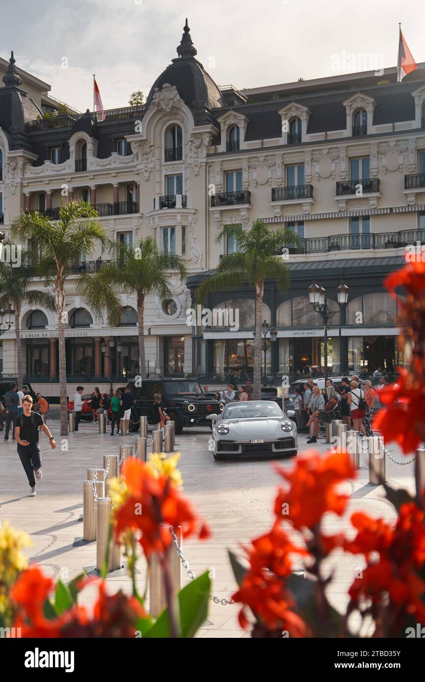 Monaco, Monte-Carlo, 22 October 2022: Square Casino Monte-Carlo at sunset, luxury cars, famous ...