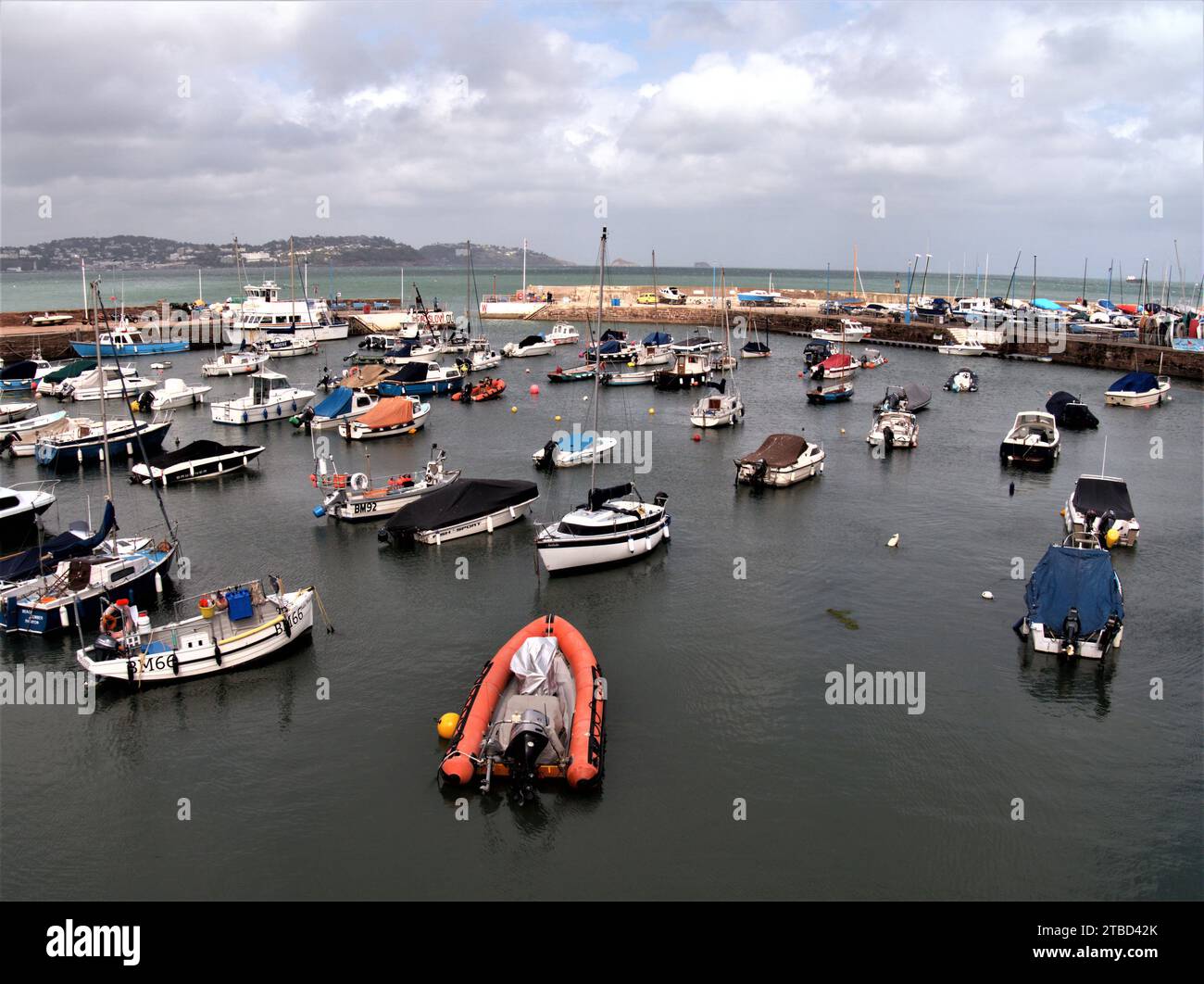A view over Paignton harbour and quayside with a miriad of boats at their moorings,Torbay,South ...