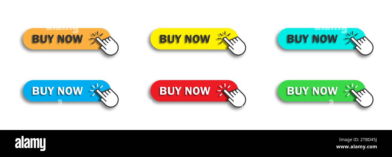 Buy now button set with hand cursor and shadows. Flat vector ...