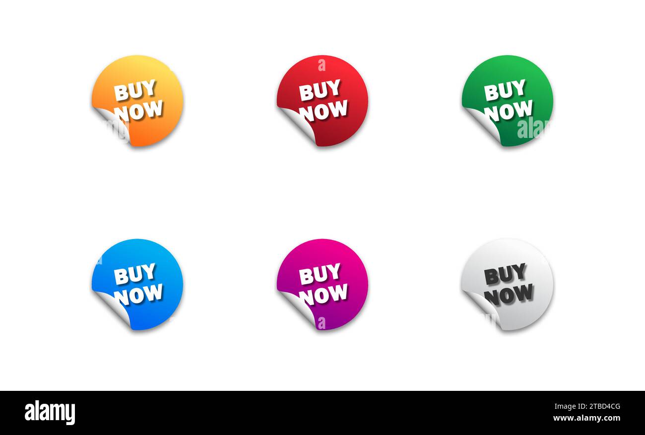 Buy Now icons set. Round colorful sticker with offer message. Flat ...