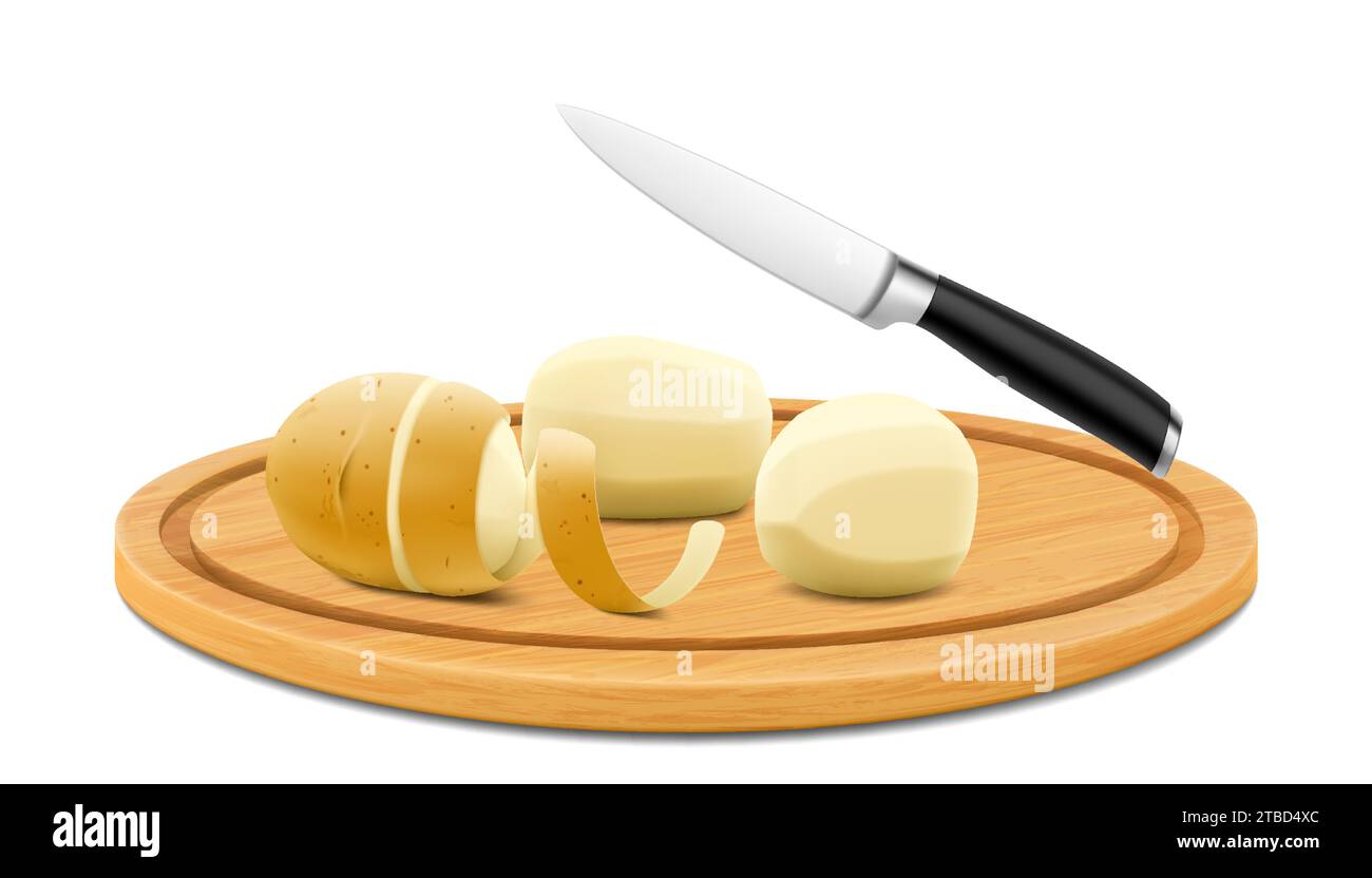 Cutting board with fresh raw cut peeled potatoes, isolated on white ...