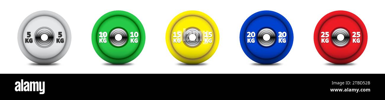 Set of colored barbell plates. Weight lifting or powerlifting plates ...