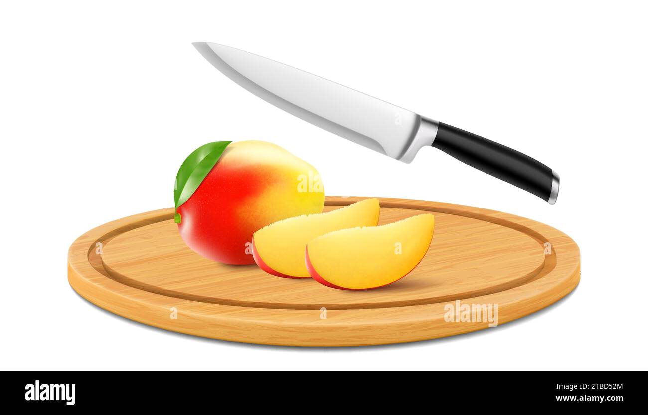 Cutting board with fresh ripe cut mango fruit, isolated on white ...