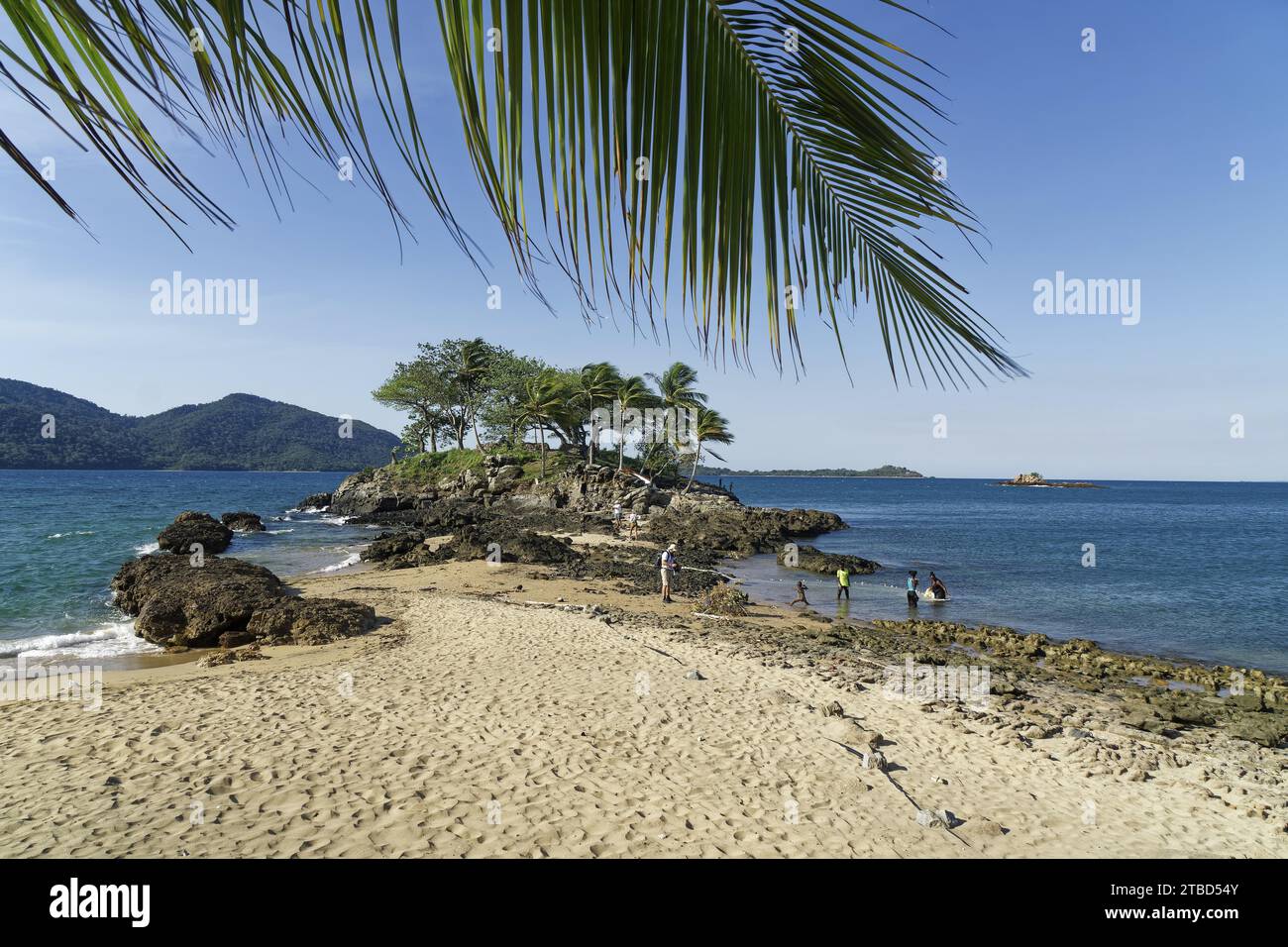 Peninsula with palm trees, children playing, sea, sand, rocks ...