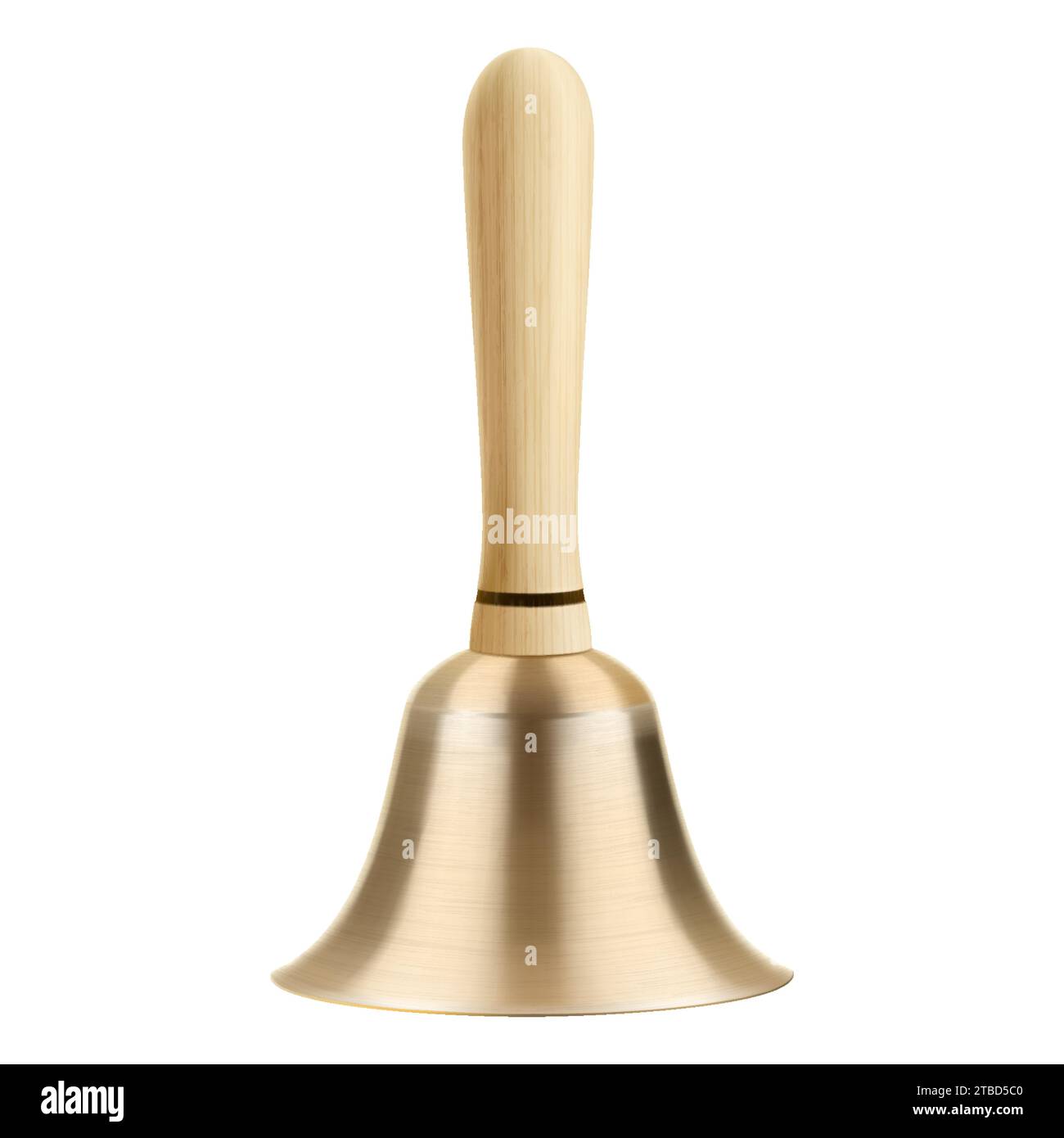 Bronze or golden handbell with wooden handle isolated on a white ...