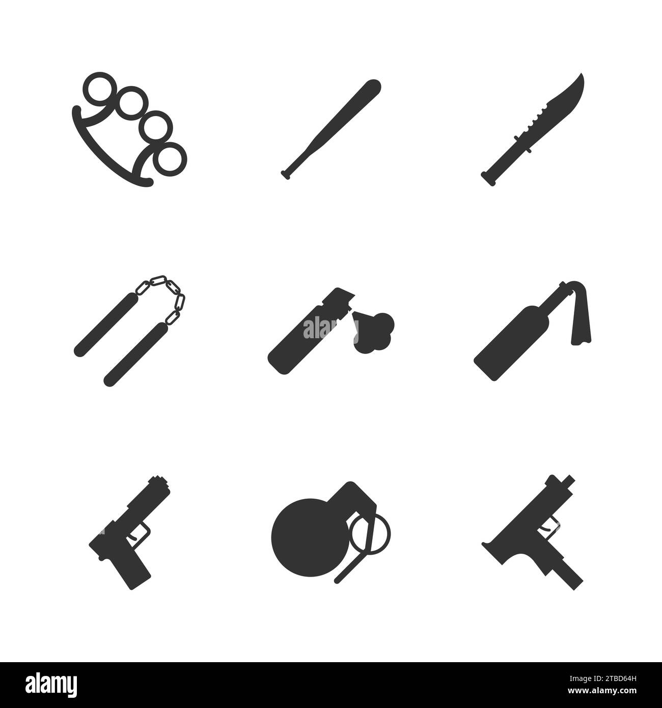 Street weapon icons set. Knife symbol. Gun icon. Peper spray. Flat ...