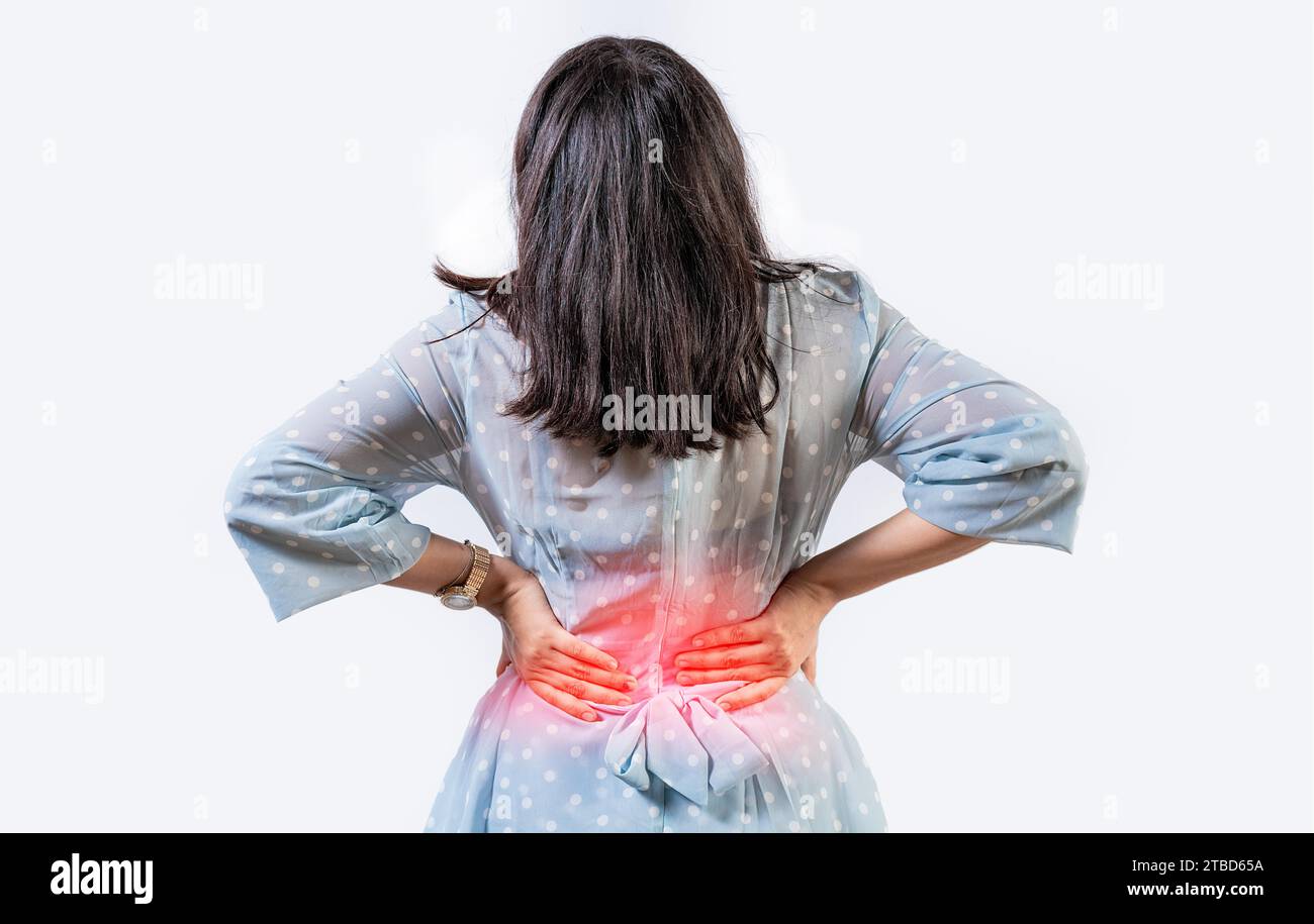 Girl with spine problems isolated. Woman with back pain on isolated background. lumbar problems ...