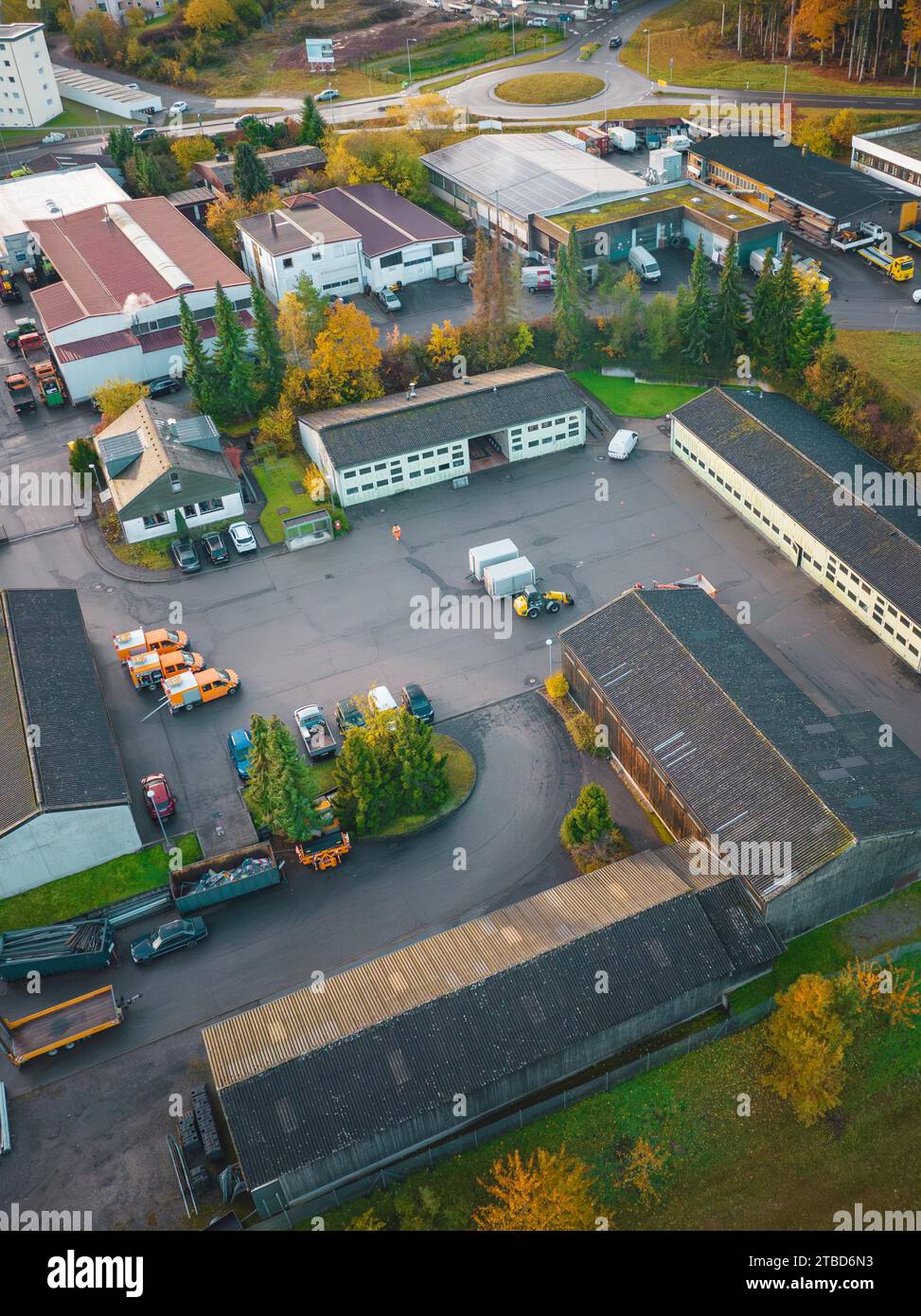 Aerial view of road maintenance depot in autumn, Calw, Black Forest ...