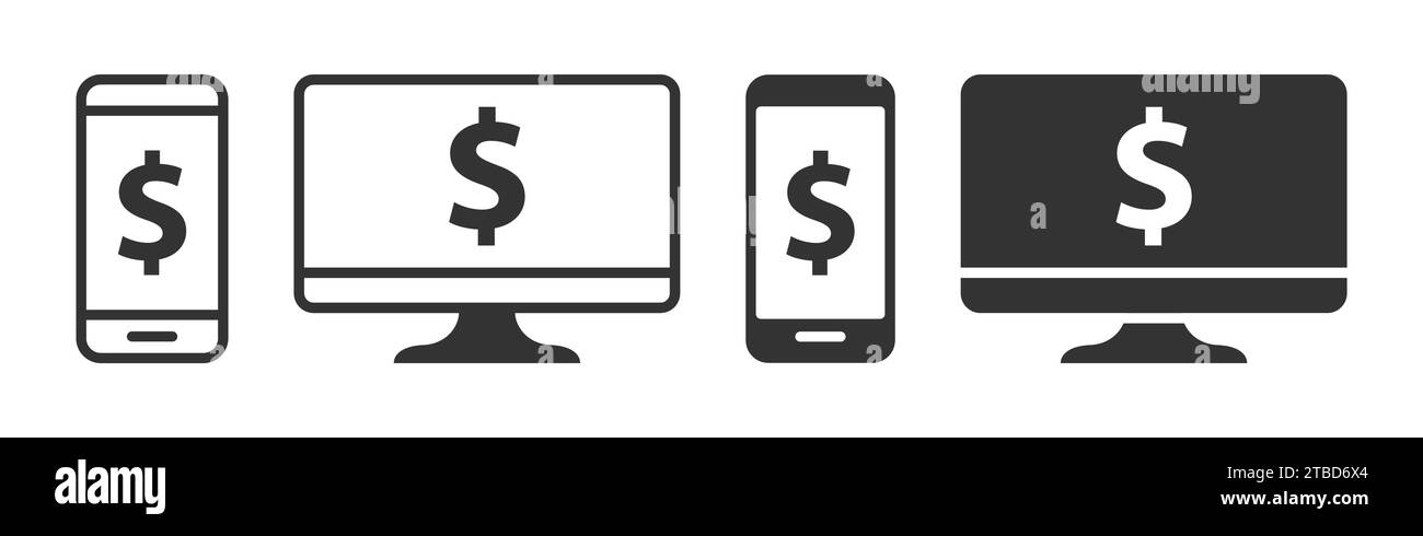 Online banking icons. Phone and computer icons with dollar symbol ...