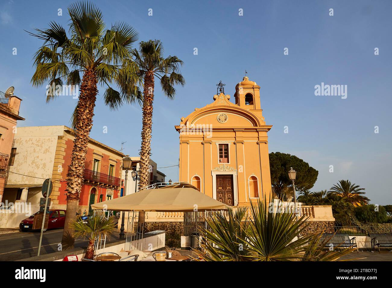Church, Chiesa dell'Immacolata, village square, cafe, palm trees, Malfa ...