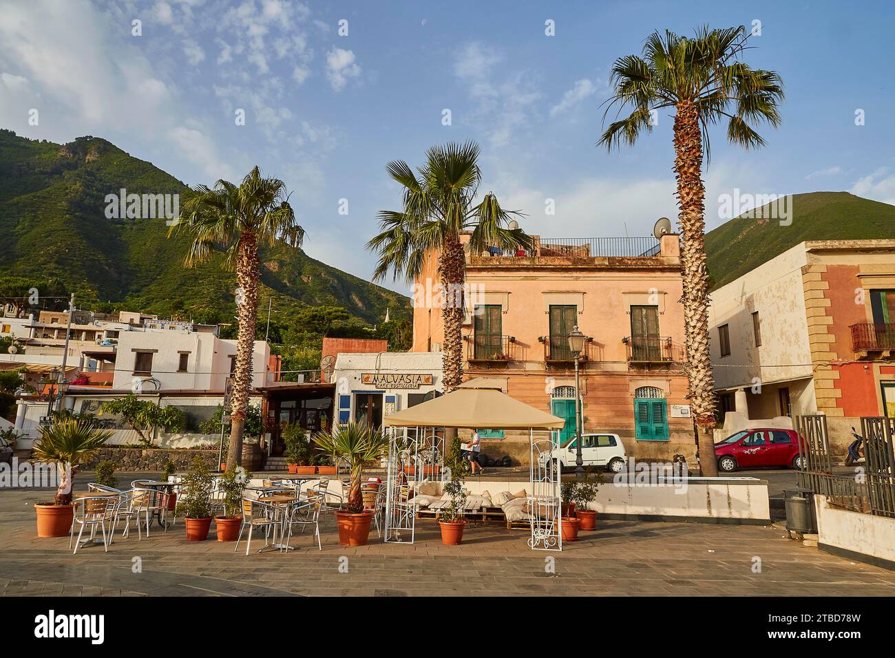 Church, Chiesa dell'Immacolata, village square, cafe, palm trees, Malfa ...