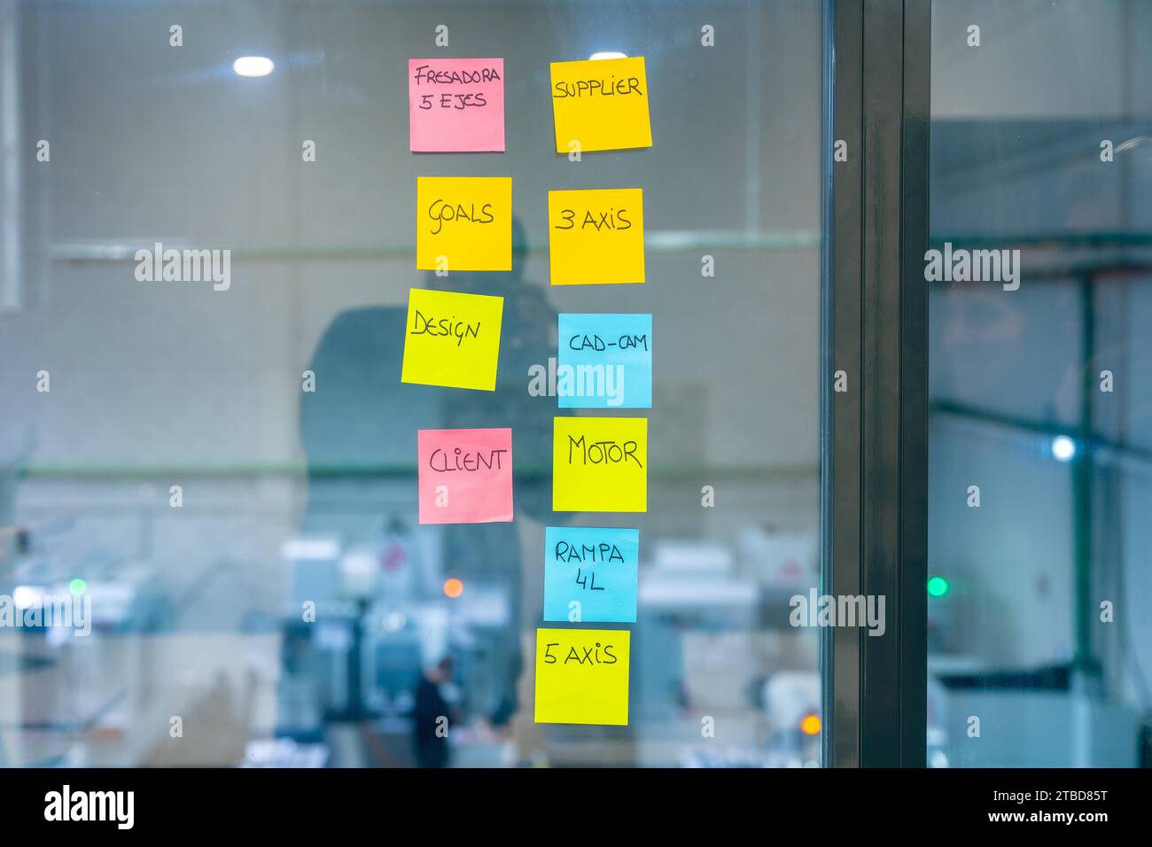 List of ideas in adhesive notes in the glass wall of an office Stock ...