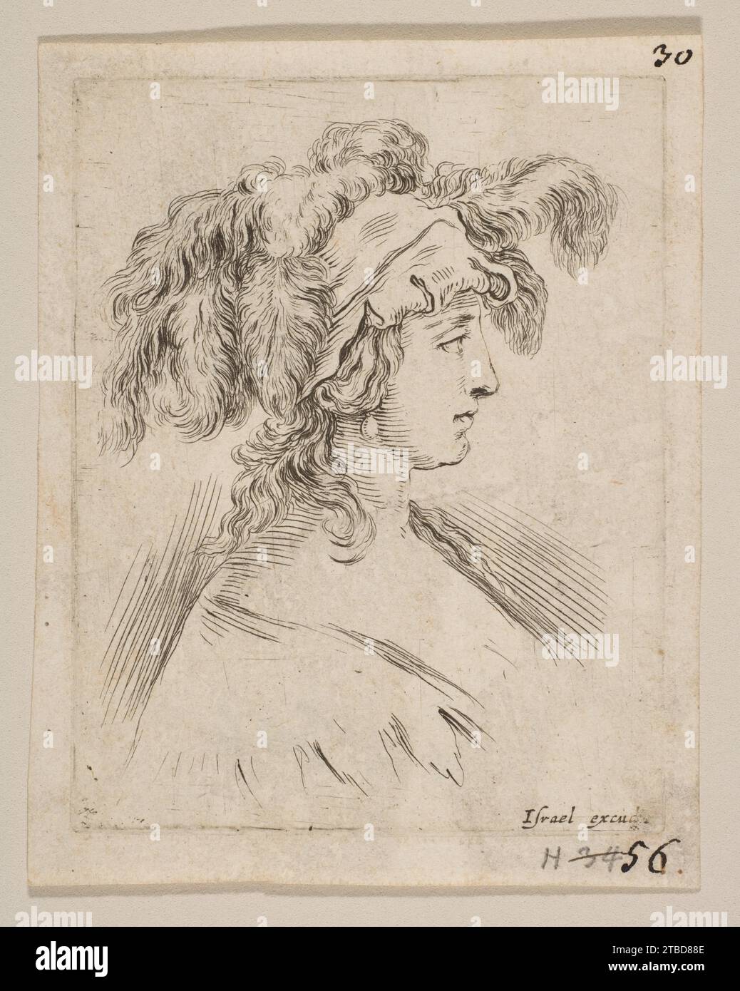 Plate 15: mid-bust of a young woman in profile wearing a hat topped ...