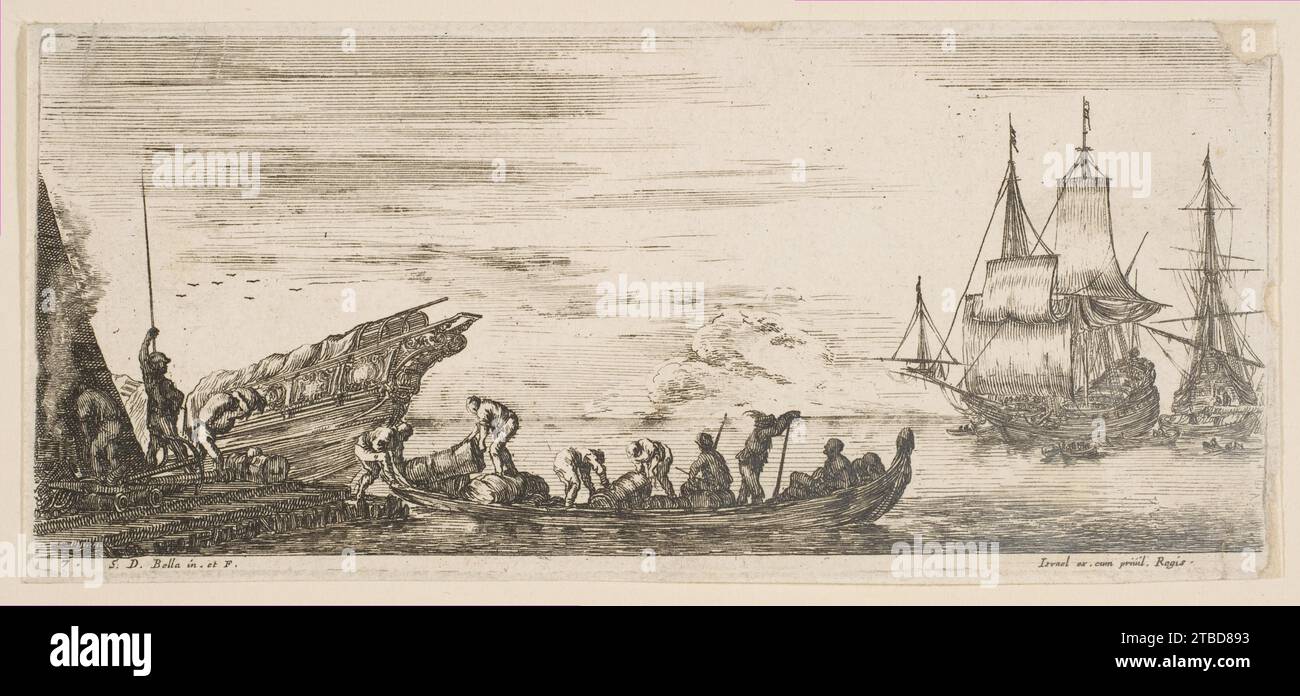 Plate 7: merchandise loaded onto a boat, two galleys in the background ...