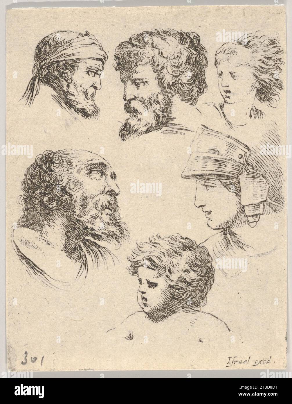 Plate 10: six heads, three bearded men, one soldier, and two children ...
