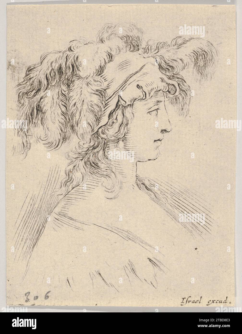 Plate 15: mid-bust of a young woman in profile wearing a hat topped ...
