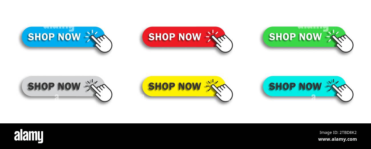 Shop now button with hand cursor. Flat vector illustration Stock Vector ...