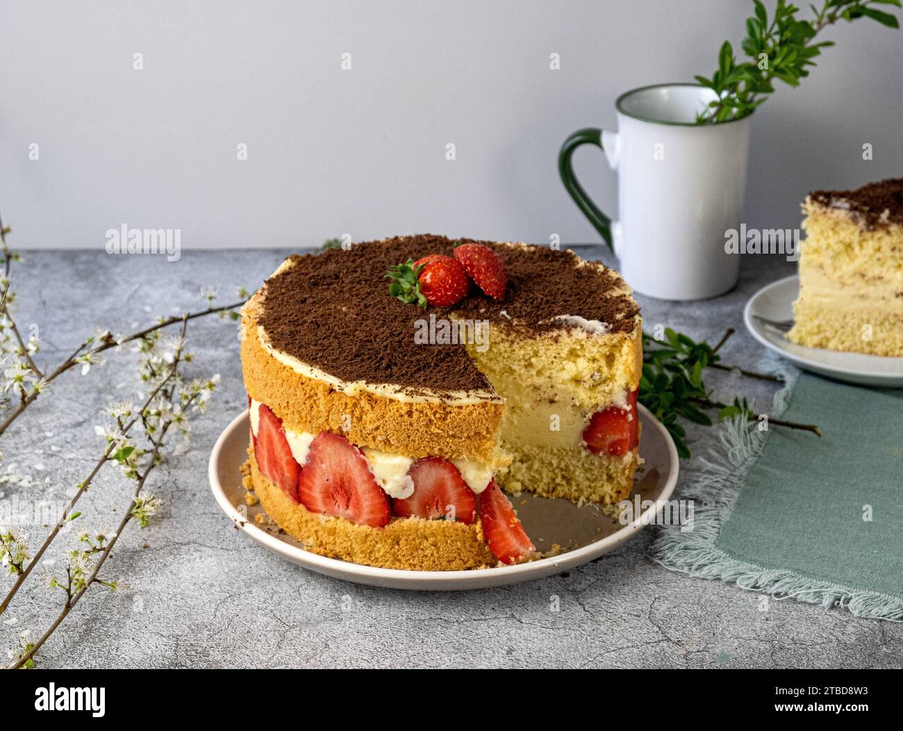 Strawberry cake, vanilla sponge cake with cream cheese and fresh ...