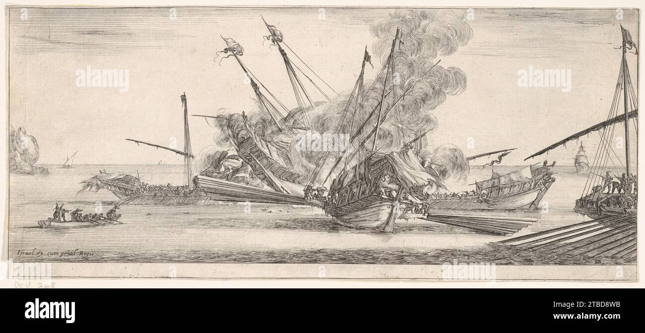 Naval combat, a ship at center, seen from behind, firing at four enemy ...