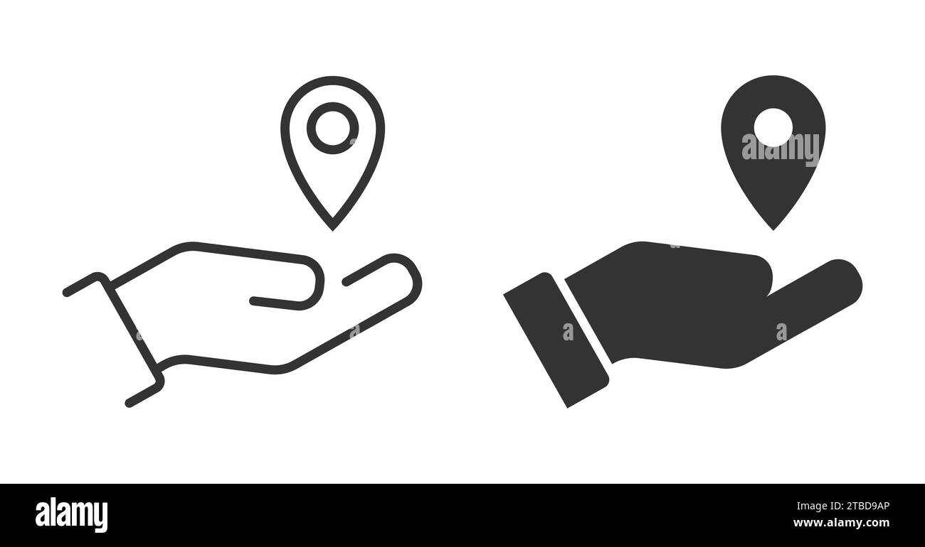 Pin point logo on a hand. Palm and location icon. Destination symbol ...