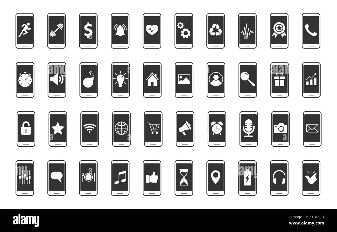 Set Of Smartphone Icons With A Different Signs Mobile Applications Collection Vector