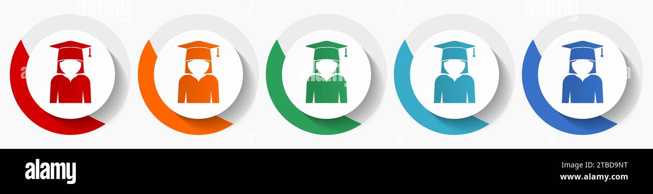 Graduate, education, female student vector icon set, flat icons in 5 ...