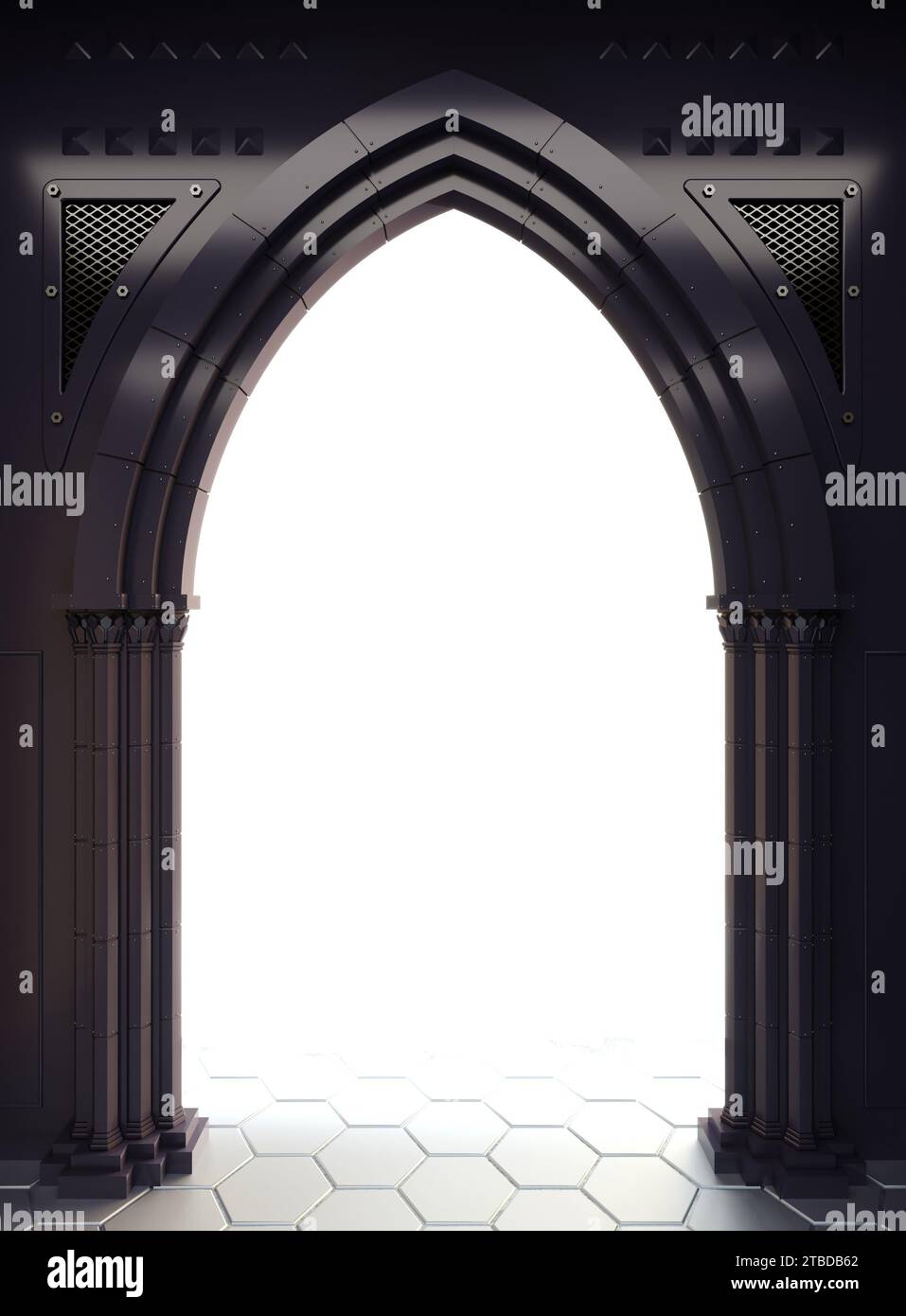 3D illustration. Concept background gothic arch spaceship. Gateway ...