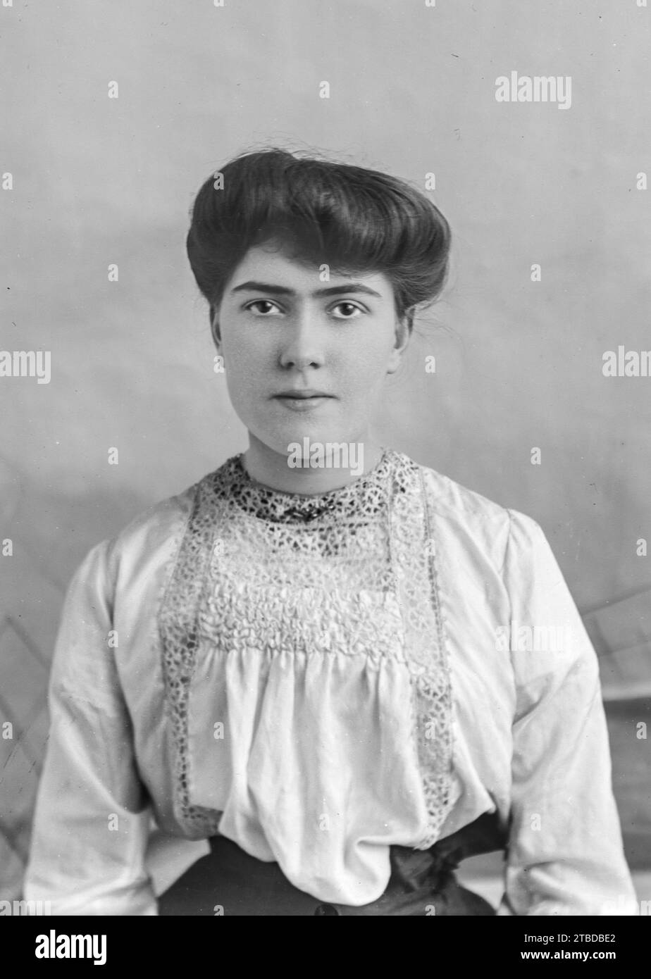 Edwardian formal studio portrait of a lady in a white top and dark hair ...