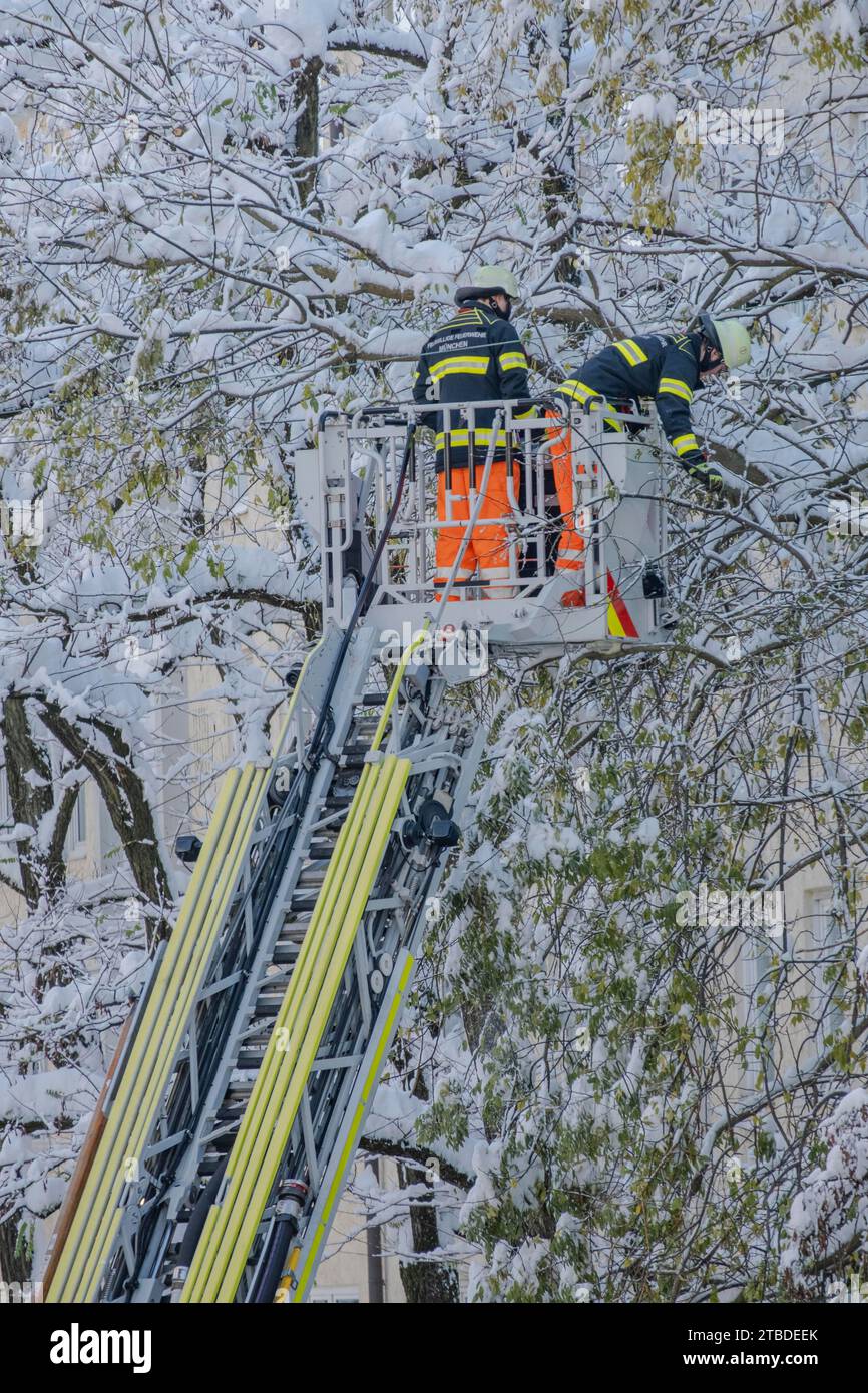 Fire brigade operation in winter, danger due to snow load on trees ...