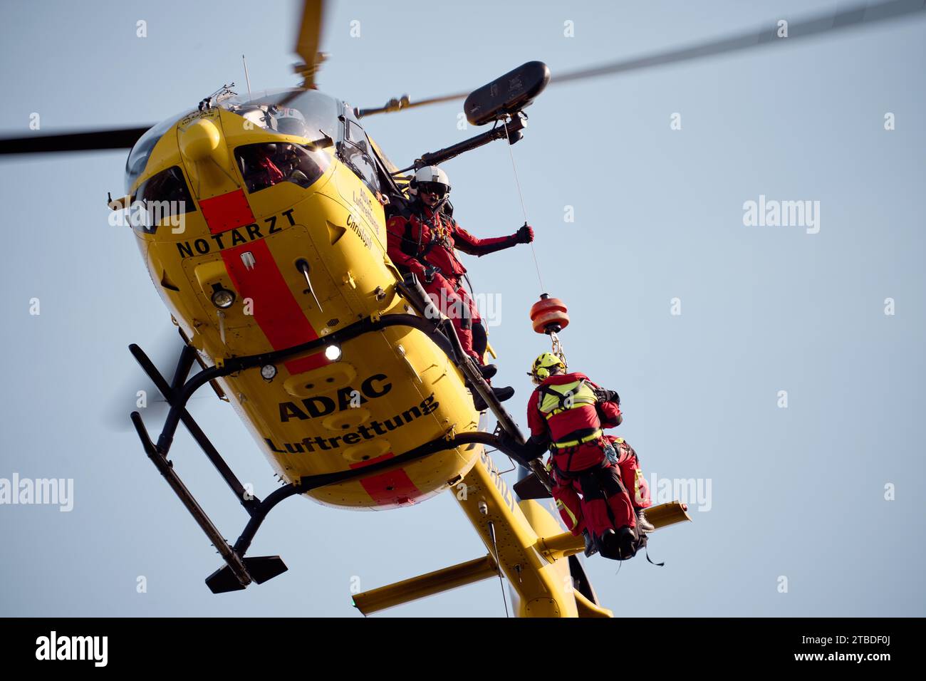 The ADAC air rescue service trains the use of the rescue hoist with an ...