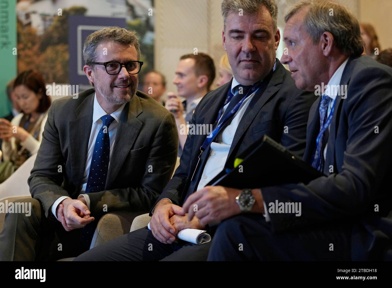 Danish Crown Prince Frederik, left, attends the opening of the Danish Pavilion at the COP28 U.N ...