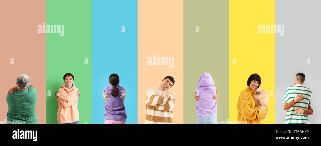 Collage of hugging people on color background Stock Photo - Alamy