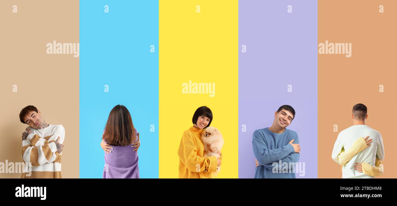 Collage of hugging people on color background Stock Photo - Alamy