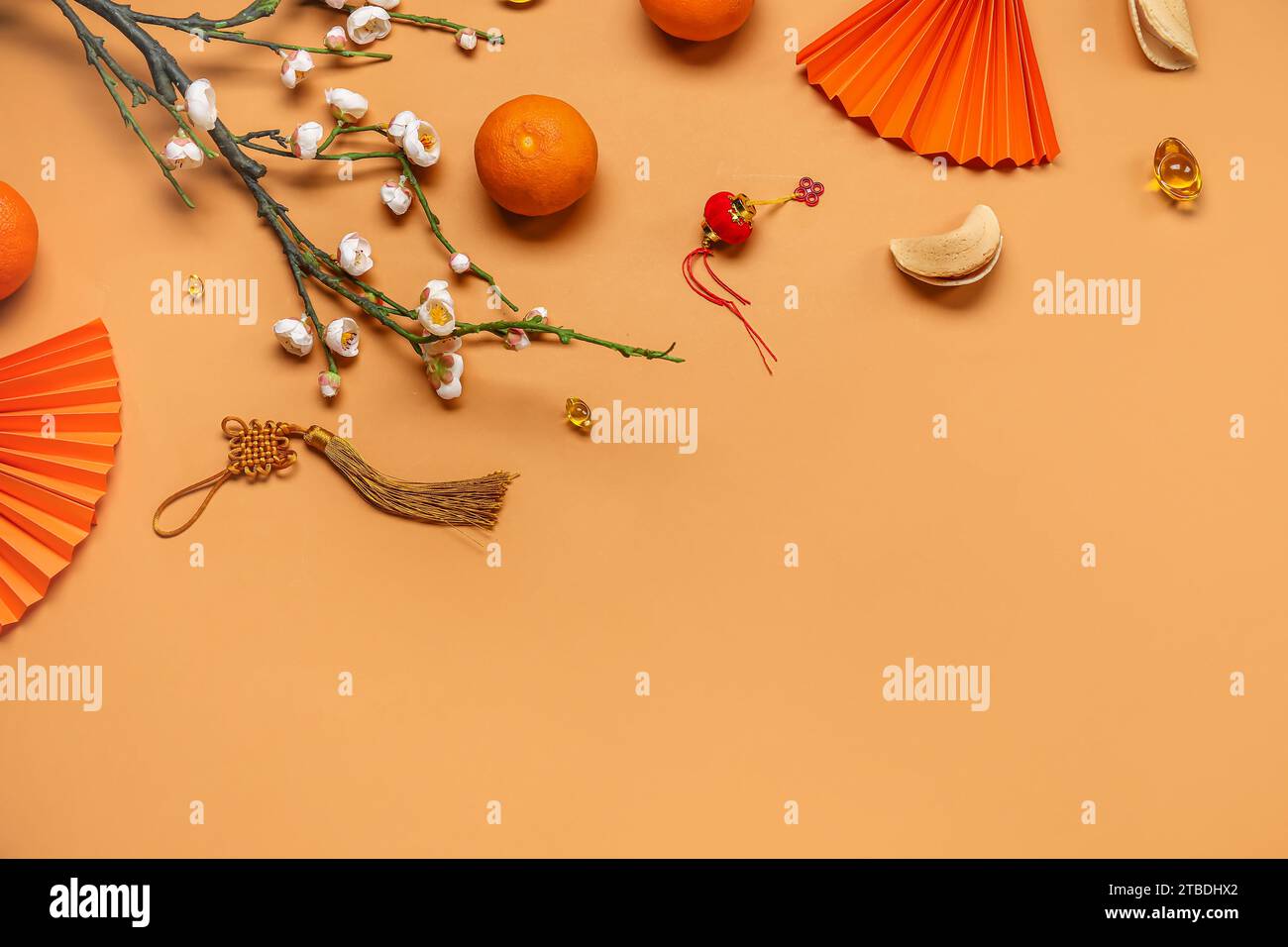 Composition with Chinese symbols, blooming sakura branch and tangerines ...