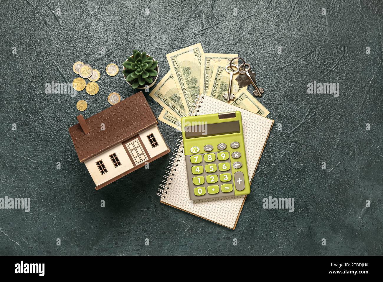 Calculator, house model, keys, money and houseplant on dark background ...