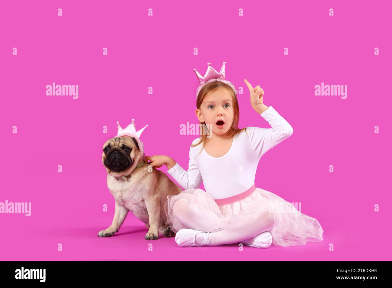 Little girl with cute pug dog in crowns pointing at something on purple ...
