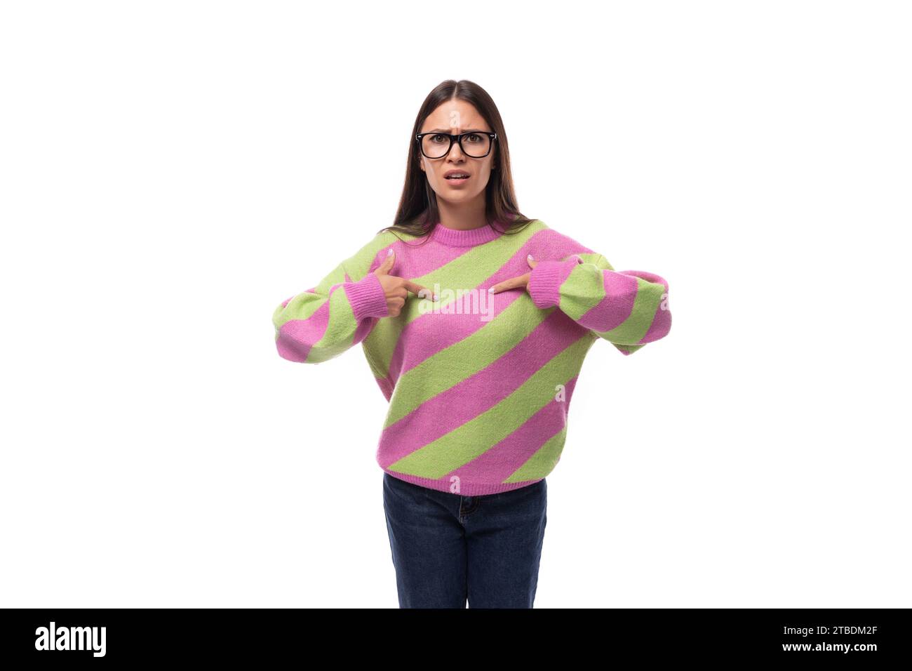 pretty 35 year old feminine model woman dressed in a striped pink-green ...