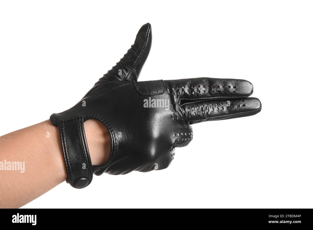 Female hand in black leather glove showing gun gesture on white ...