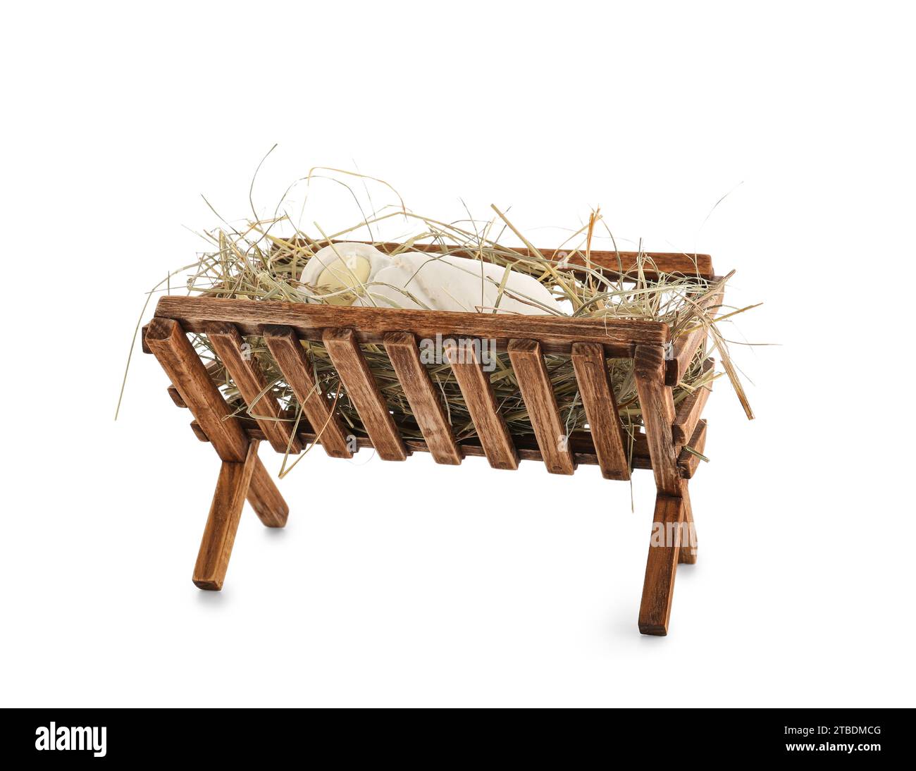 Manger with baby and hay on white background. Concept of Christmas ...