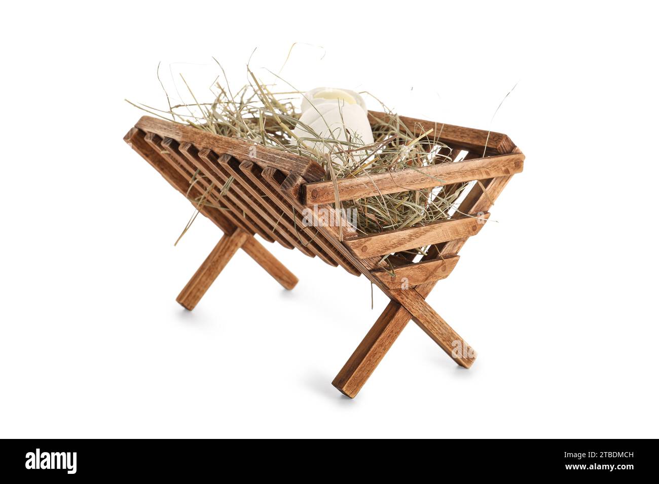 Manger with baby and hay on white background. Concept of Christmas ...