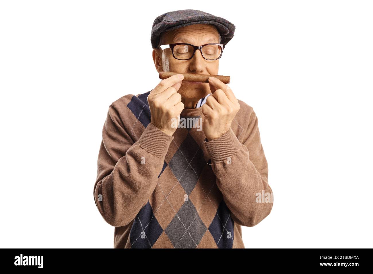 Elderly gentleman smelling a cigar isolated on white background Stock ...