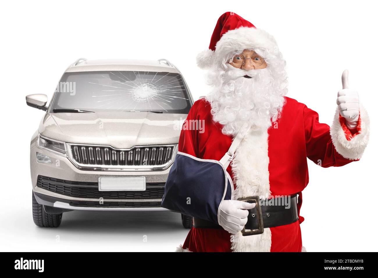 Santa claus with a car crash injury gesturing thumbs up isolated on ...