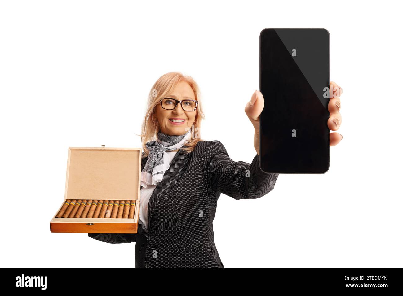 Woman holding a wooden box of cigars and a mobile phone isolated on ...